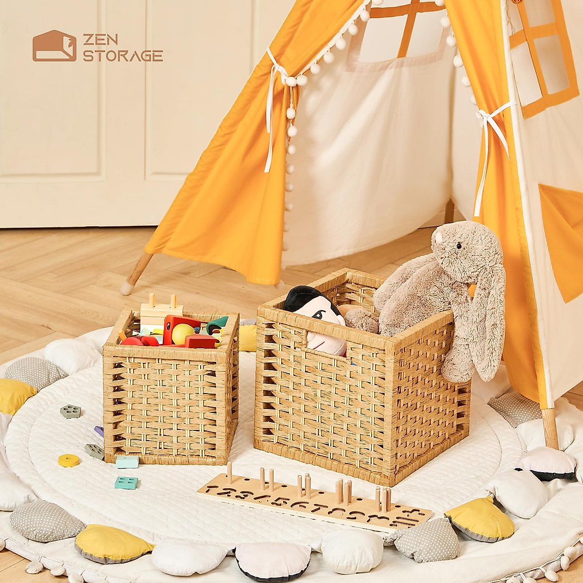 Wicker Basket with Built-In Handle, Handmade Square Wicker Basket for Shelf, Paper Wicker Cube Storage Bins for Book/Magazine/Blanket/Toy/Snack, Set of 2, Small and Large, 11.8 * 11.8 * 11.2 Inch