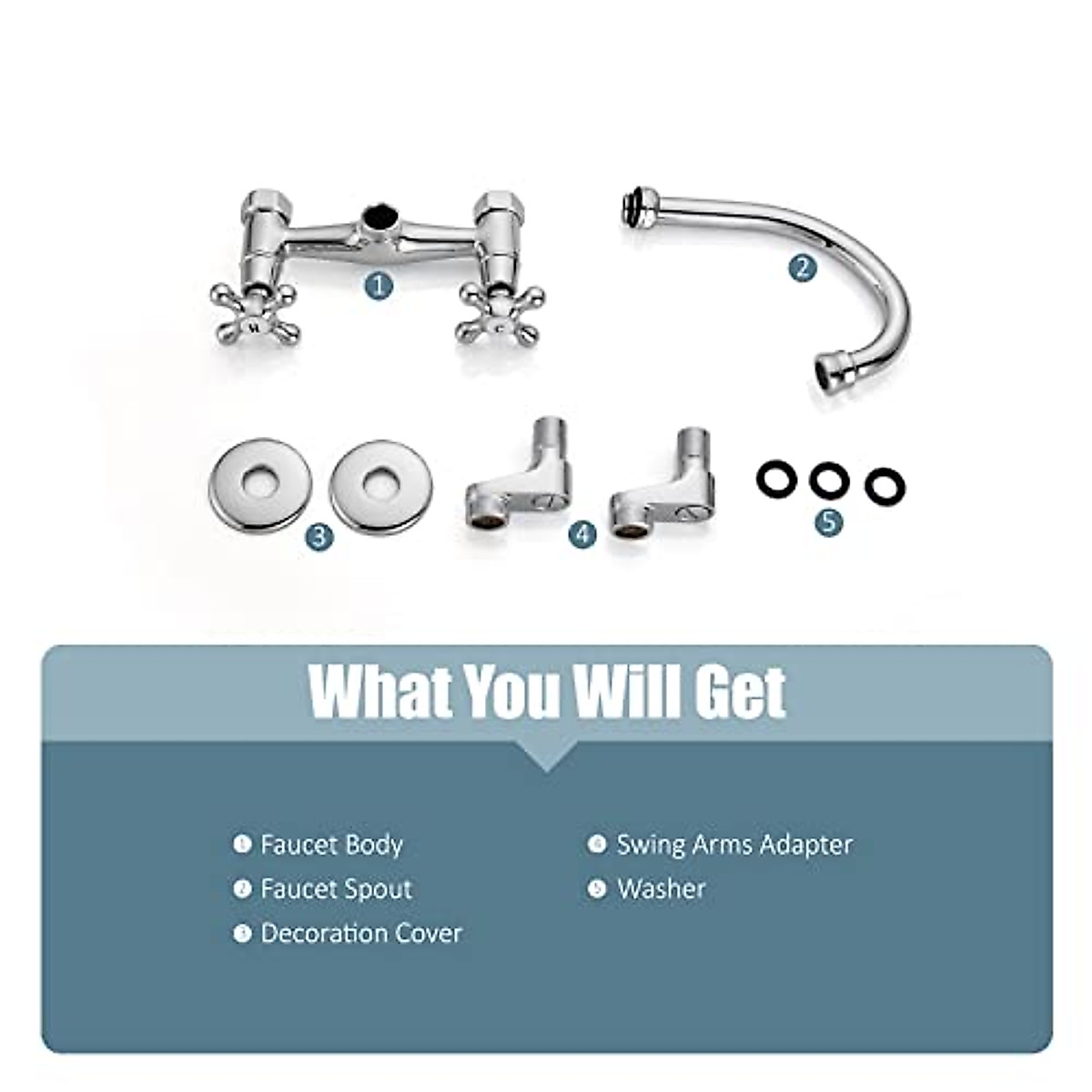 Aolemi Polish Chrome Wall Mount Kitchen Sink Faucet 3 to 9 Inch Adjustable Spread Double Cross Handle Mixer Tap