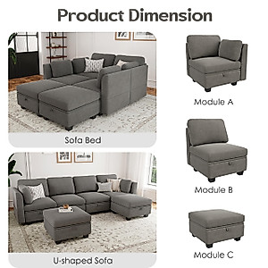 AYEASY Modular Sectional Sofa, U Shaped Sofa Couch with Storage Seats, Sectional Couches for Living Room with Chaise, 6 Seats Convertible Sofa Bed High Supportive with Adjustable Backrest 112", Grey