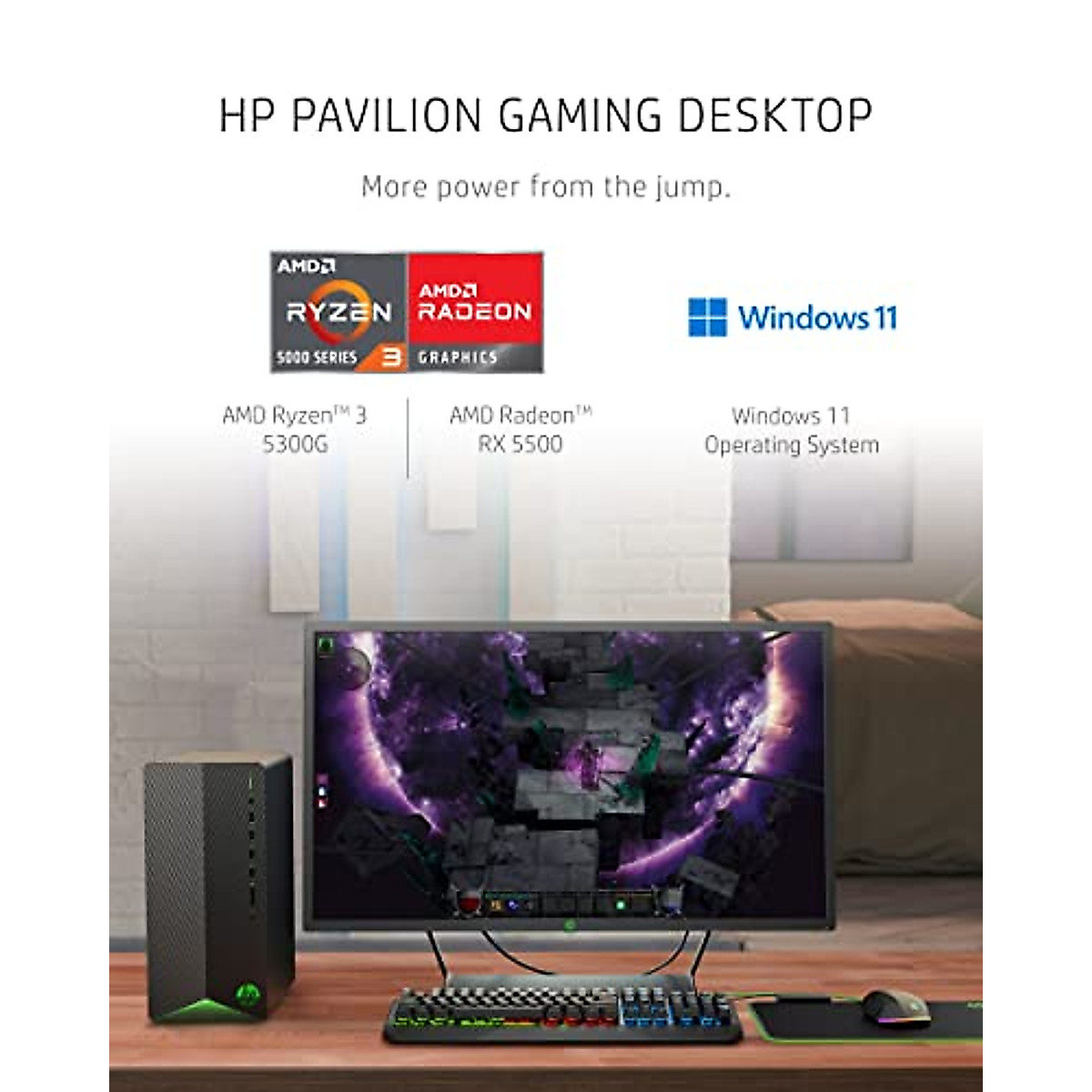 HP Pavilion Gaming Desktop, AMD Radeon RX 5500, AMD Ryzen 3 5300G Processor, 8 GB RAM, 512 GB SSD, Windows 11 Home, 9 USB Ports, Keyboard and Mouse Combo, Pre-Built PC Tower (TG01-2022, 2022)