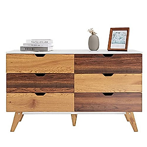 EazeHome 6 Drawer Dresser, Mid-Century Modern Dresser with Wide Double Drawer, 6 Chest of Drawers Wood Storage Cabinet for Bedroom, Living Room, Entryway