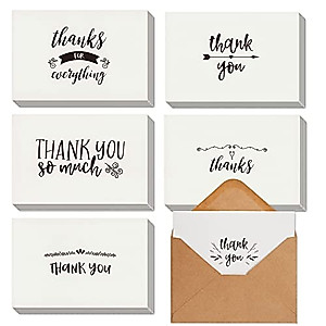 48-Pack Black and White Thank You Cards with Kraft Paper Envelopes for Graduation, Wedding, Birthday, Baby Shower, Blank Inside, Assorted Simple Vintage-Style Designs (4x6 In)