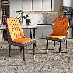 Odinlake PU Leather, Living Room Kitchen Dining Without Armrest, Modern Minimalist Coffee Shop Leisure Reception Chair with Metal Legs, Set of 2, Orange+Armless