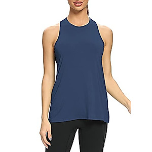 Mippo Workout Tank Tops for Women Loose Fit Yoga Shirts Athletic Top High Neck Racerback Tank Tops Cute Work Out Clothes Gym Tee Shirt Long Flowy Tank for Women Navy Blue S