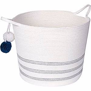 Sweetzer & Orange Extra Large Woven Cotton Rope Storage Basket with Pom-Poms – 16.5”x20.5” - Blanket Storage Baskets, Laundry and Toy Storage, Nursery Hamper - Off White/Navy XXL for Living Room