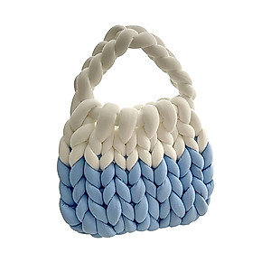 OXYPLAY Thick Cotton Wool Woven Handbag, Handmade Coarse Wool Knitted Bucket Bag, Diy Cool Purse,Casual Soft Shoulder (Blue)