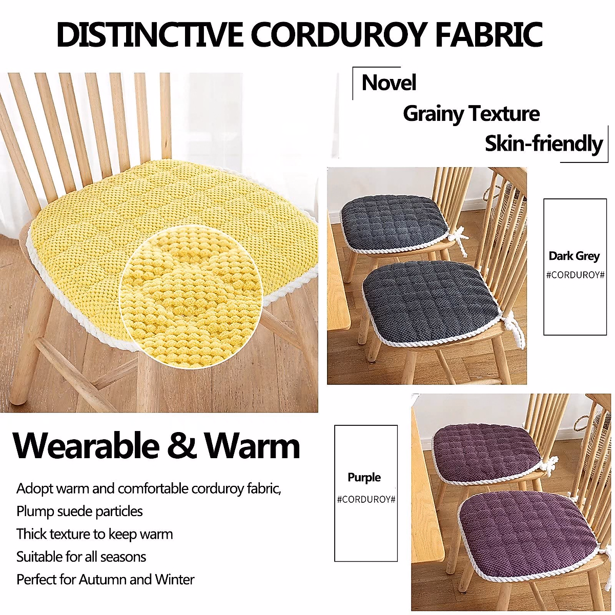 YSCO Chair Cushions for Dining Chairs 2 Pack, Chair Pads for Dining Chairs with Ties, Individual Seat Cushion for Kitchen Chairs U Shape, Non Slip Seat Pads Farmhouse Style Grey, Gray, 2pack