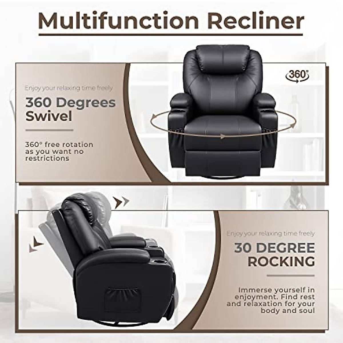 Furniwell Massage Rocker Recliner Chair with Heated Ergonomic Lounge Chair 360° Swivel Rocking Single Sofa for Living Room Adjustable Home Theater Seating with 2 Cup Holders (Black)