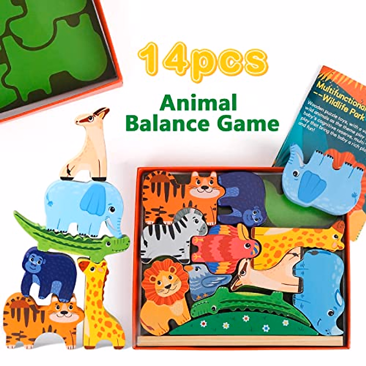 Jade Hare 14 Pcs Wooden Animal Blocks,Stacking Animals Balance Block Toys, Montessori Toys for 3-5 Years Toys Toddlers 1-3 and 2-4 Years Old Boys Girls Birthday Gift Preschool Educational Toys