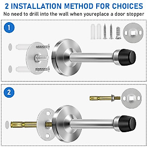 Door Stoppers, 3.5 Inch Door Stops for Bottom of Door, Wall Mounted Self Adhesive Door Stop with Black Rubber Bumper Stainless Steel Modern Doorstop Brushed Nickel No Drill Door Stopper, Silver 2 Pack
