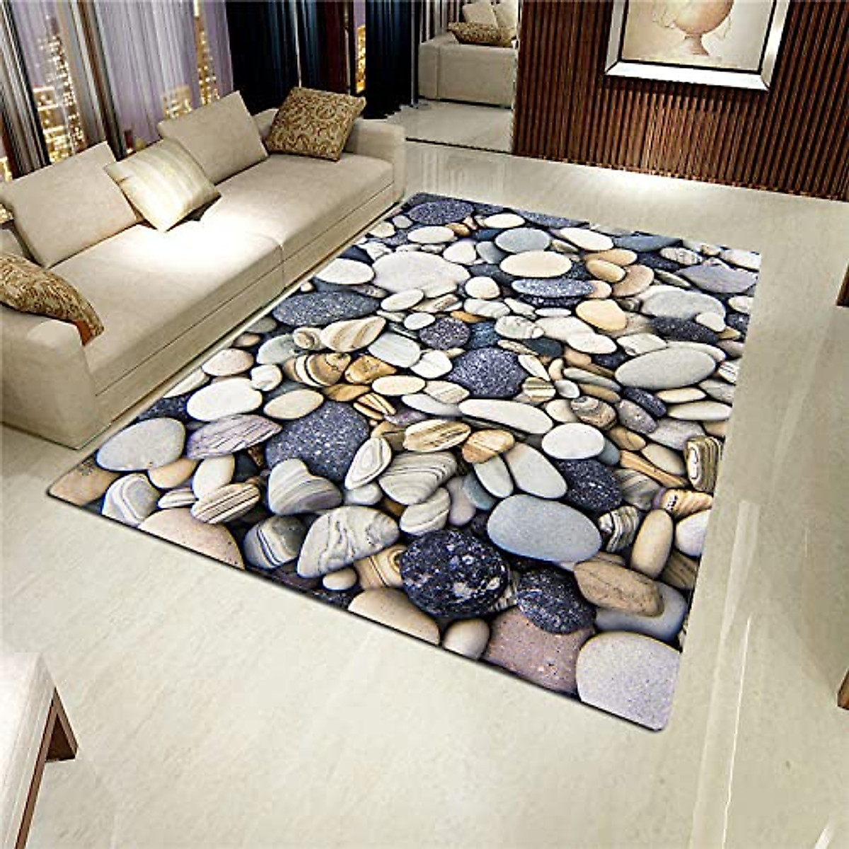 Anti Slip Backing Rugs for Living Room 8X10 Feet / 240X300 Cm Rug, Fluffy Shag Area Rug Carpet, Stain Resistant,Non-Shed,Ideal Home Decor Carpet White Blue Stone Pattern