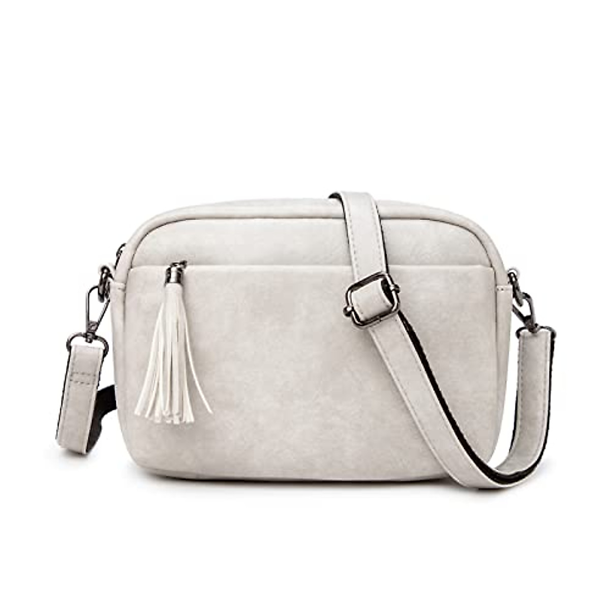 myfriday Lightweight Medium Crossbody Bag for Women, Camera Shoulder Purses Pocketbooks with Tassel and Triple Zipper Pocket Grey