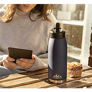 Hydrapeak Flow 32oz Insulated Water Bottle with Straw Lid | Double Wall Vacuum Insulated Stainless Steel Water Bottles, BPA-Free and Leak-Proof, Wide Mouth Flask with Bite Straw and Handle (Black)