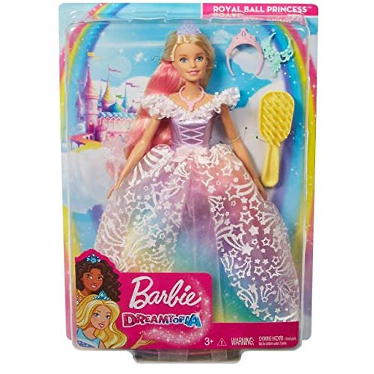 Barbie Dreamtopia Royal Ball Princess Doll, Blonde Wearing Glittery Rainbow Ball Gown, with Brush and 5 Accessories, Gift for 3 to 7 Year Olds