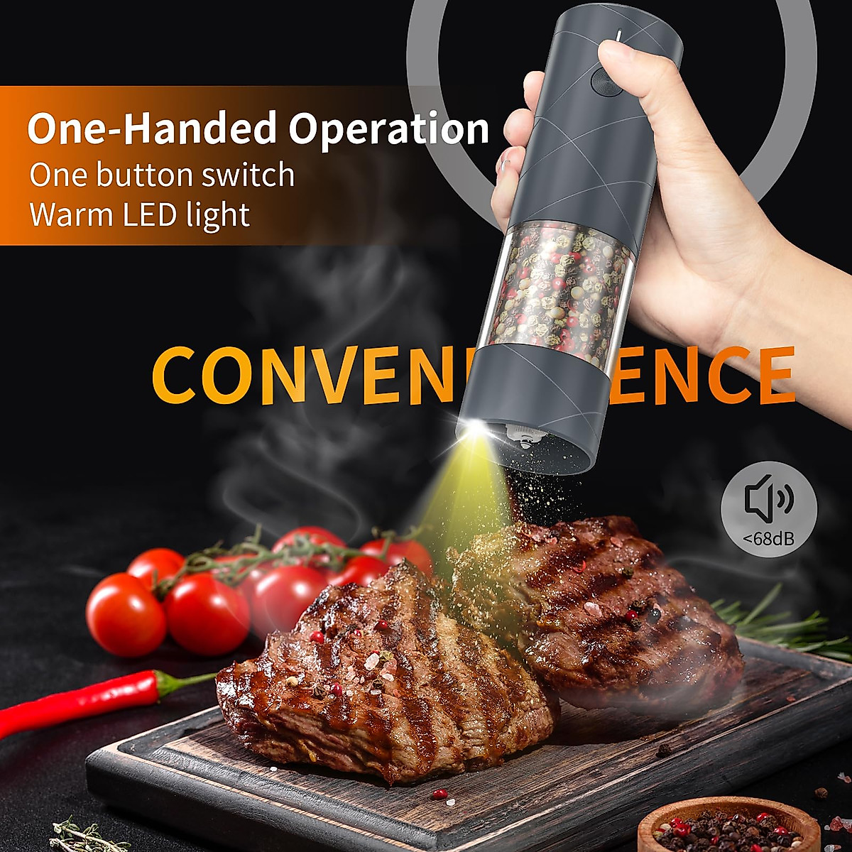 2Pack Electric Salt and Pepper Grinder Set USB Rechargeable with Warm LED Light, Adjustable Coarseness Lidaop Large Capacity Automatic Salt Pepper Mill Grinder for Kitchen, Restaurant, Outdoor (Grey)