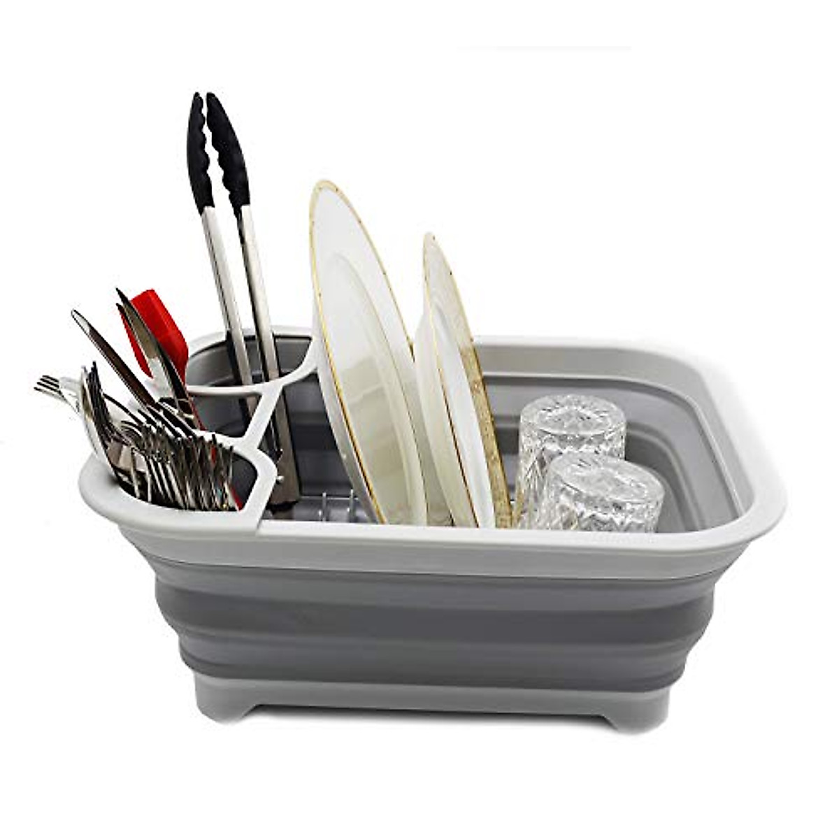 SAMMART 8.5L (2.2 Gallon) Collapsible Dish Drainer with Swivel Spout - Foldable Drying Rack - Portable Dinnerware Organizer - Space Saving Kitchen Storage Tray (1, Grey)