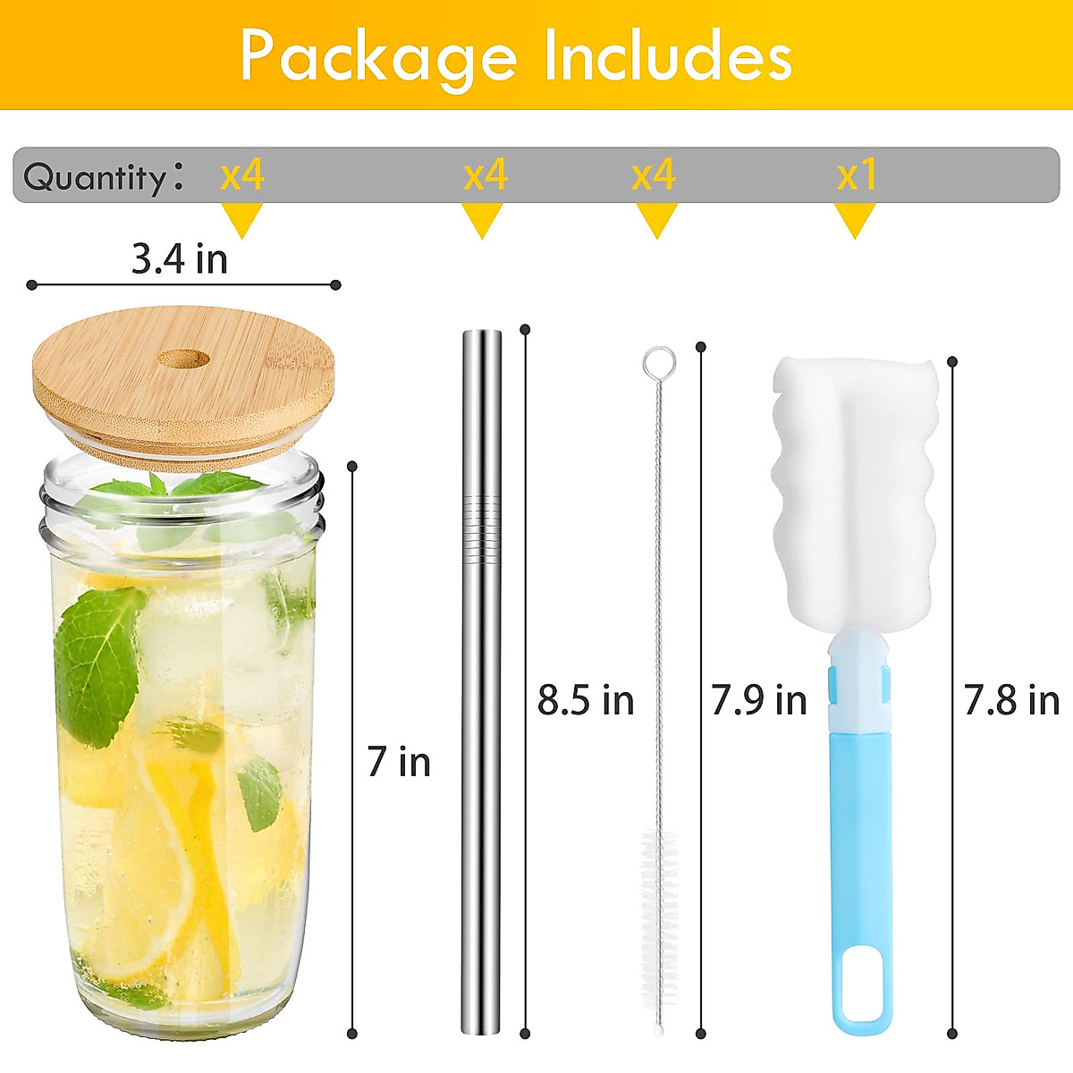 4 Pack Glass Cups with Lid and Straw, 24oz Boba Tea Cups, Wide Mouth Smoothie Cups, Reusable Drinking Glasses with Bamboo Lids for Beer, Boba Tea, Juice, Smoothie