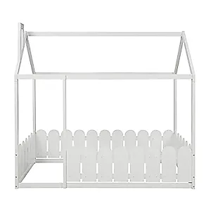 Merax Twin Size House Bed Frames Platform Bed with Fence for Boys or Girls, Box Spring Needed(Slats Kit Not Included), White