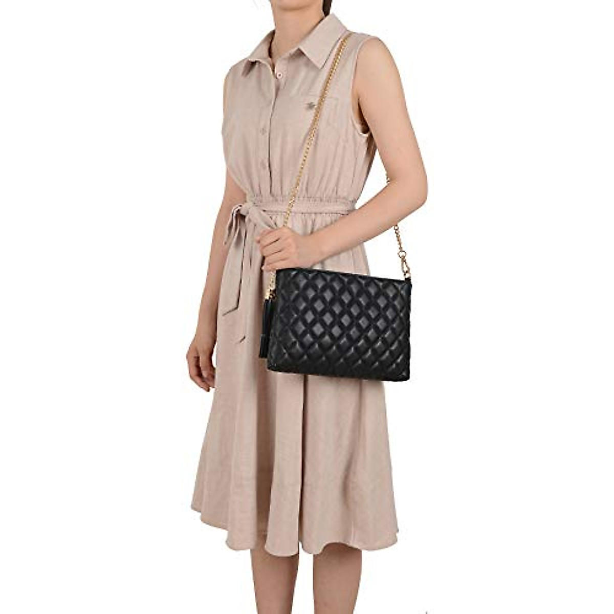 lola mae Simple Quilted Crossbody Bag, Lightweight Wristlet Shoulder Purse (Black)