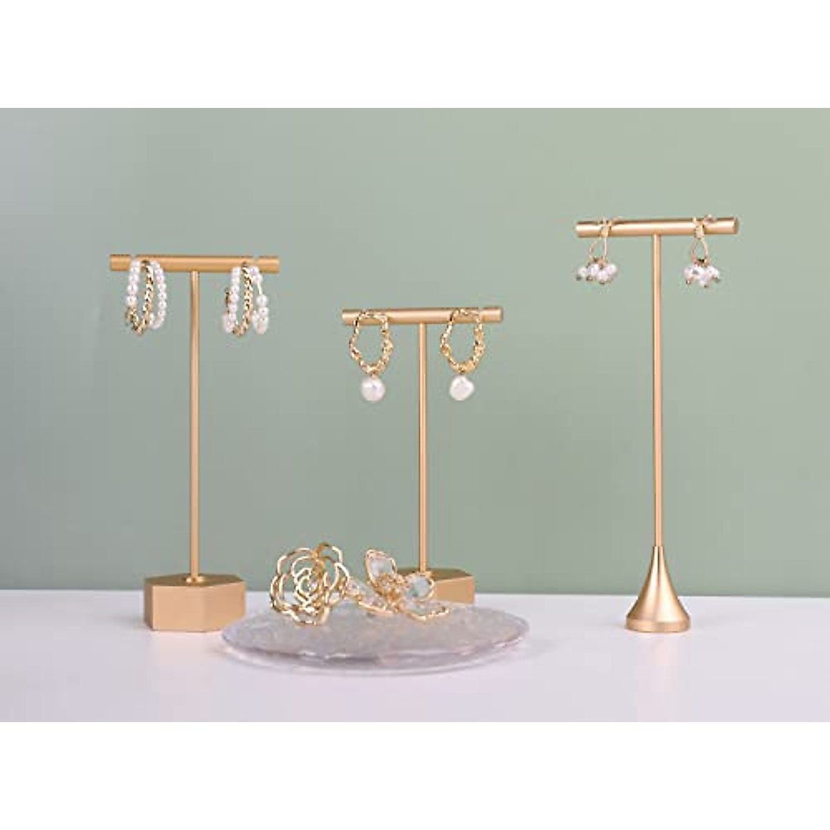 GemeShou Gold Metal Earring T Bar Stand Retail display holders for show, Jewelry Online stores Photography Display Props Organizer【Gold-Hexagon Base Height 4.5"】
