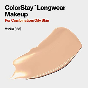 Liquid Foundation by Revlon, ColorStay Face Makeup for Combination & Oily Skin, SPF 15, Medium-Full Coverage with Matte Finish, Vanilla (135), 1.0 oz