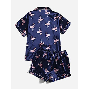 WDIRARA Women's Plus Size Satin Pajama Set Short Sleeve Button Down Pajamas Shirt and Short Sleepwear Navy Blue 4XL