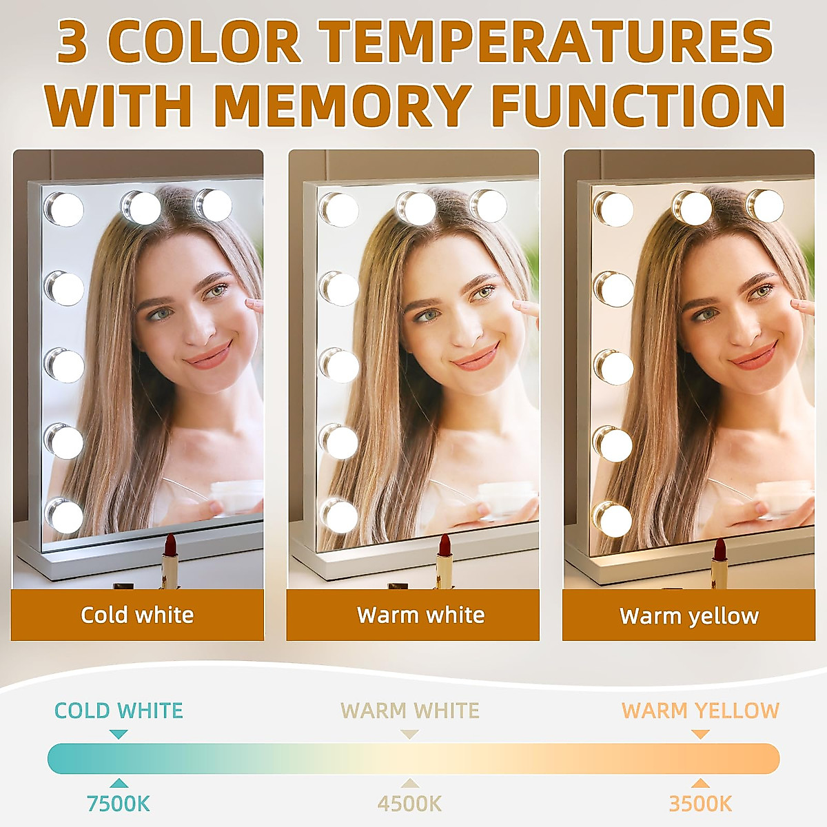 FENCHILIN Vanity Mirror with Lights Hollywood Lighted Makeup Mirror with 14 Dimmable LED Bulbs with 3 Colors Modes for Dressing Room & Bedroom(White)