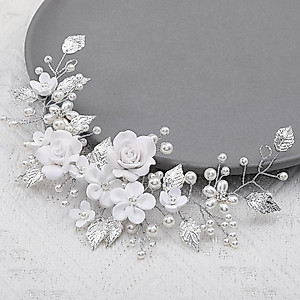 Unicra Flower Bride Wedding Hair Vine Pearl Bridal Hair Piece Leaf Hair Accessories Rhinestone Headband for Women and Girls (9inches) (Silver)