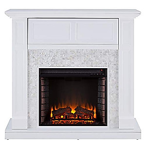 SEI Furniture Nobleman Mother of Pearl Tiled Electric Hidden Media Shelf Fireplace, White