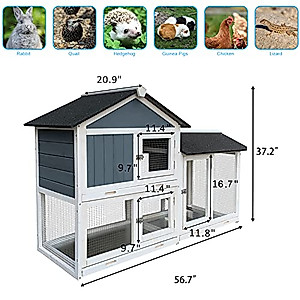 Lifeand Rabbit Hutch Chicken Coops Bunny Cage with Pull Out Tray, Ramp, Lockable Doors,Two Run Cage Outdoor Wooden Small Animal House,Gray