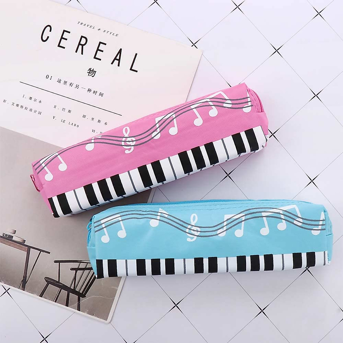 Oxford Cloth Pencil Case,Single Layer Musical Pencil Cases, Square Single Layer Music Notes Piano Keyboard Pencil Case(black)