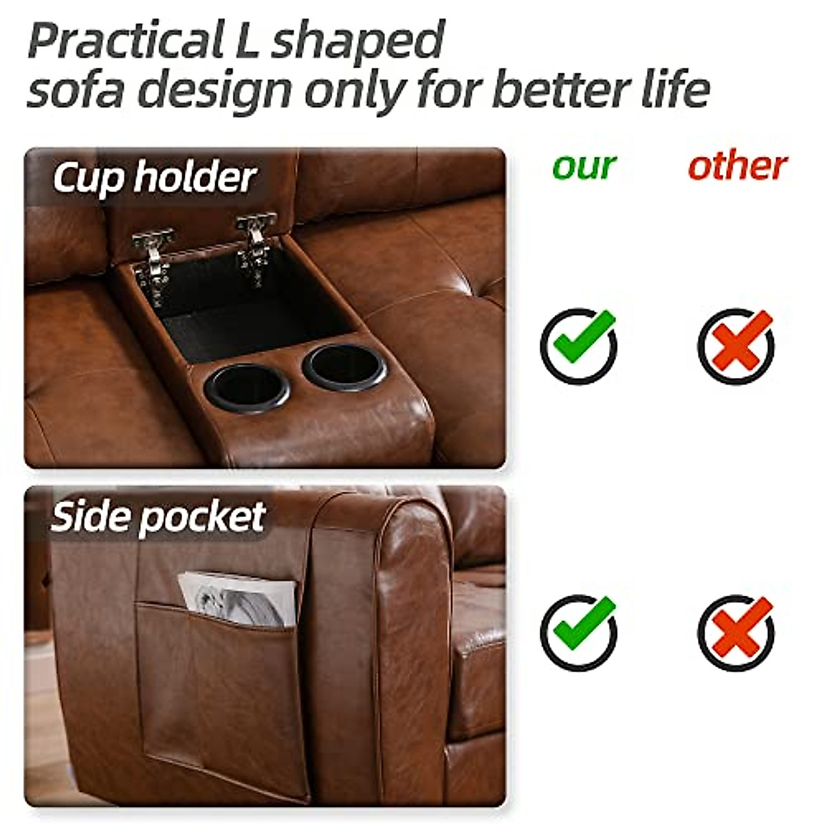 Olela L Shaped Couch, Faux Leather Modular Sectional Sofa Modern Convertible Storage Couches with Side Pocket Tufted Back for Living Room,Apartment (Brown PU)