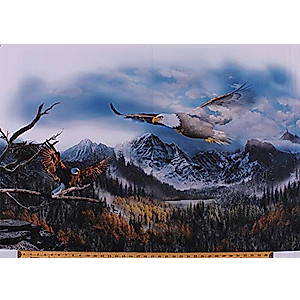 29.5" X 44" Panel Majestic Bald Eagles Flying Realistic Birds Mountains Forest Northwoods Landscape Scenic Wildlife Nature Patriotic Call of The Wild Digital Print Cotton Fabric Panel (Q4489-SKY-16)