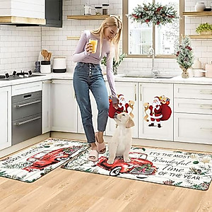 Ileading Red Truck Xmas Tree Kitchen Rugs and Mats Set of 2 Merry Christmas Anti Fatigue Kitchen Floor Mat Farmhouse Wood Grain Comfort Standing Mat Waterproof Kitchen Sink Mat for Floor Kitchen Home