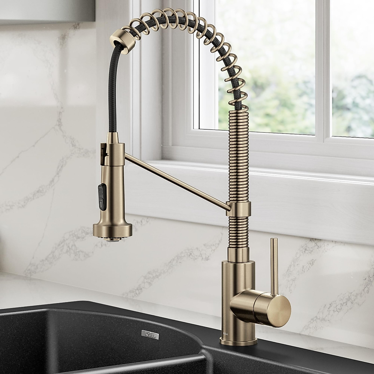 KRAUS Bolden Commercial Style 2-Function Single Handle Pull Down Kitchen Faucet in Spot-Free Antique Champagne Bronze, KPF-1610SFACB