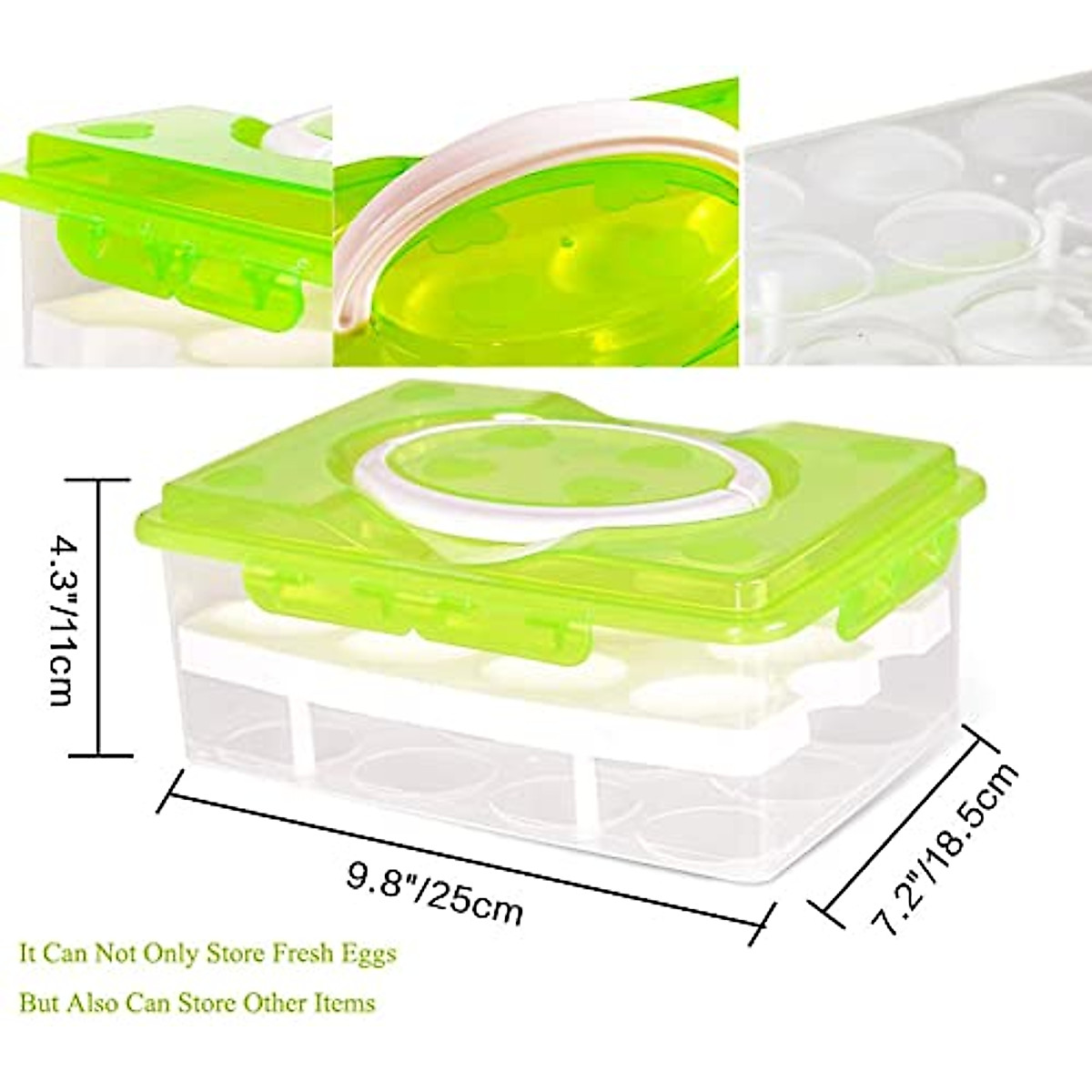 HOTUMN 2 Tiers Deviled Egg Containers with Lid & Holder Plastic Egg Holders Clear Egg Tray Egg Carrier Fridge Freezer Food Storage (Green) 24 eggs