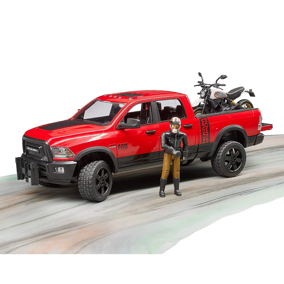 bruder Ram 2502 Power Wagon with Ducati Scrambler Desert Sled and Driver Vehicles Toy