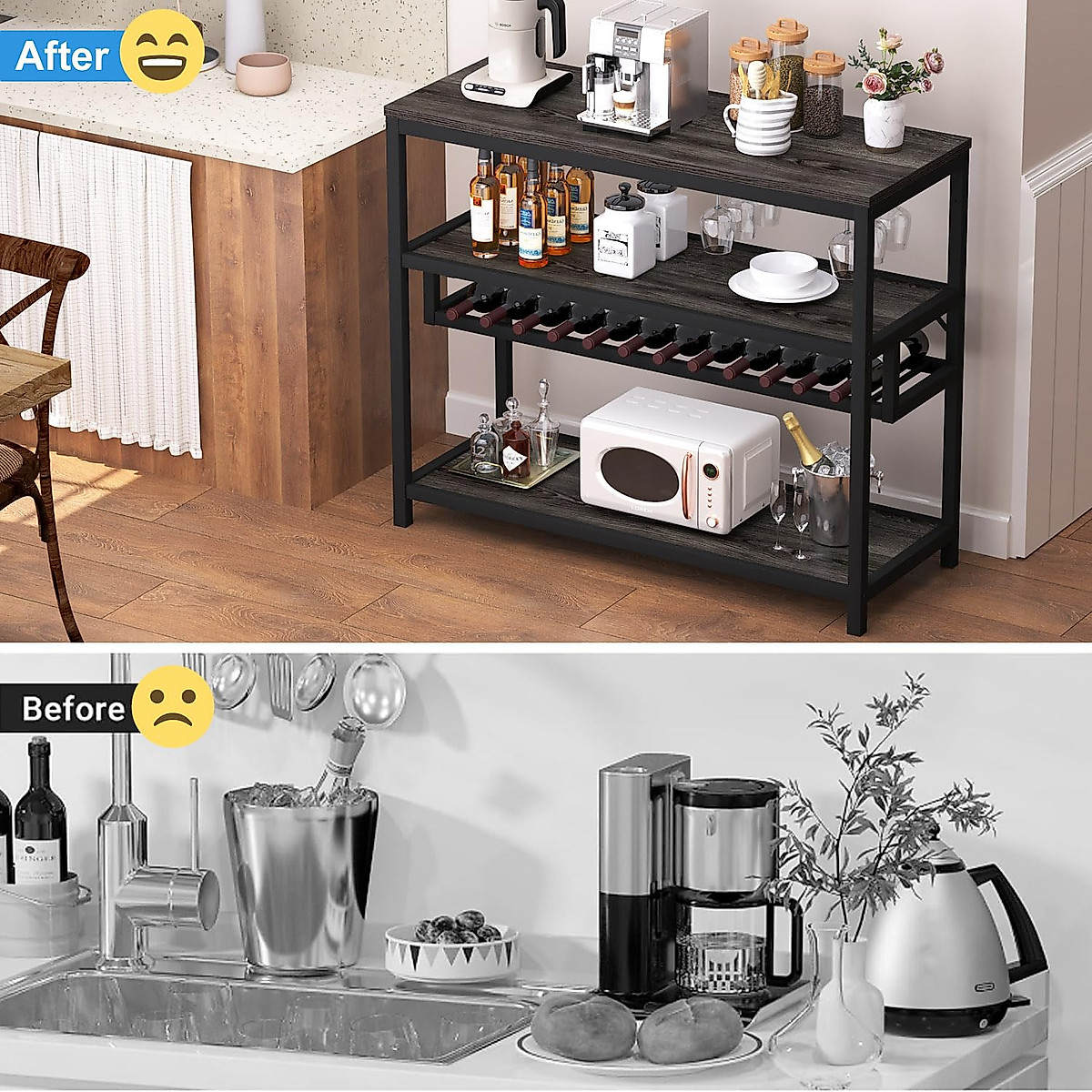 LVB Wine Rack Table, Liquor Bar Cabinet Freestanding Floor, Wooden Rustic Wine Storage with Wine Shelf and Glass Holder, Metal and Wood Modern Wine Cabinet for Home with Bottle Rack, Dark Gray Oak