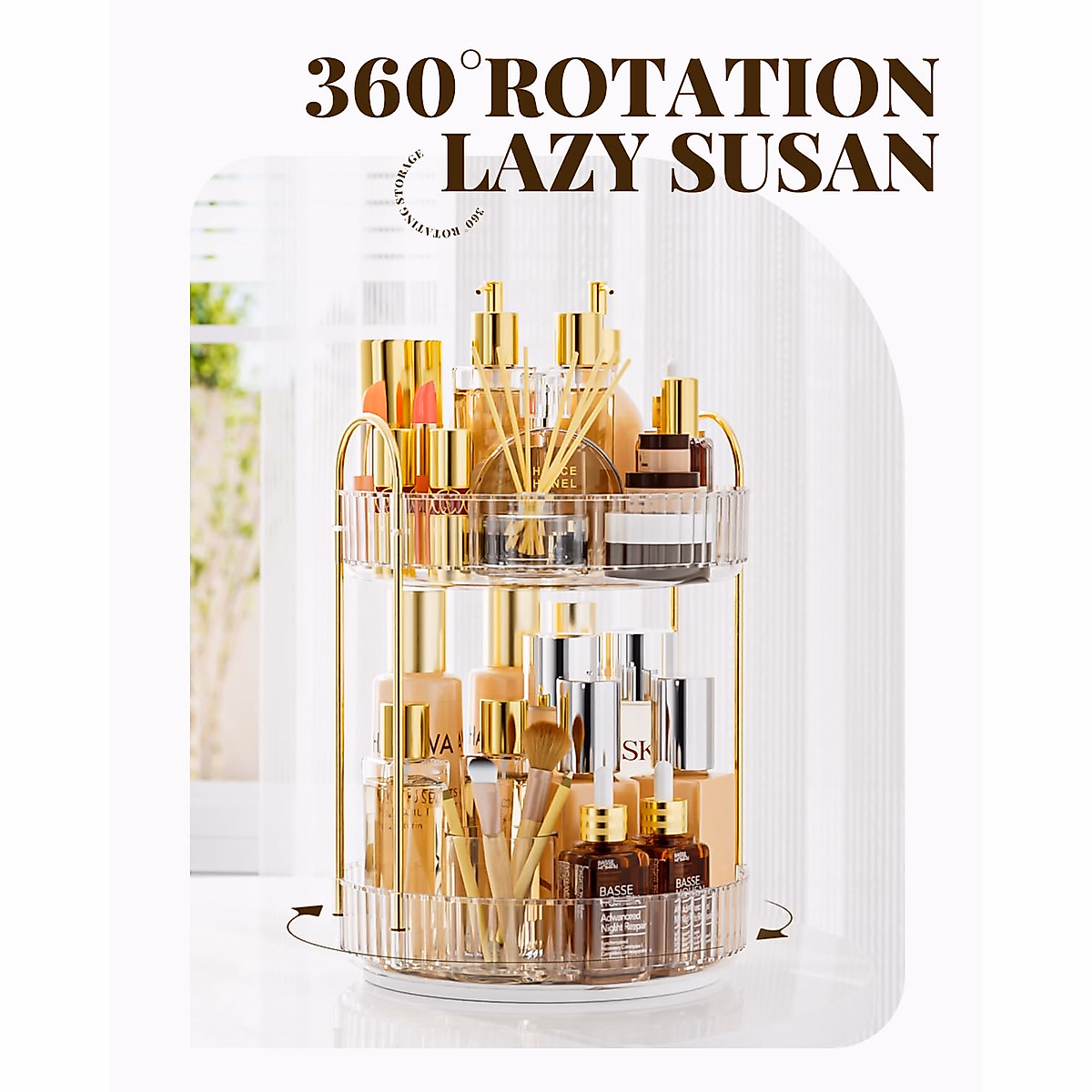 Devokimi Bathroom Organizer Countertop, Rotating Makeup Organizer for Vanity, 2-Tier Make Up Organizers and Storage, Vanity Tray Shelf for Cosmetic, Skin Care, Lotions (Clear)