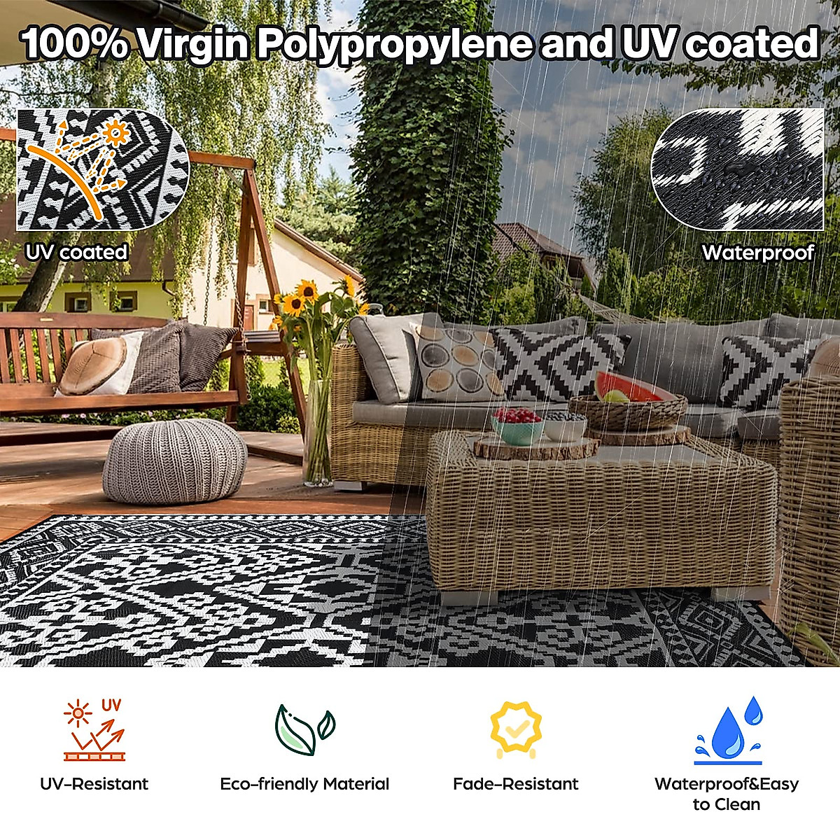 Rugcomf Outdoor Rug 8x10, Outdoor Patio Rug Waterproof for Outside Your Rv, Outside, Camping, Deck, Porch, Balcony, Backyard, Picnic Black and White