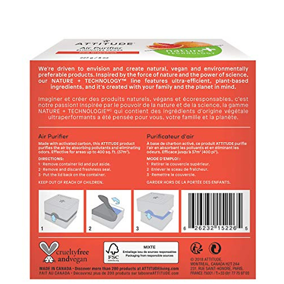 ATTITUDE Natural Air Purifier with Activated Carbon Filter, Hypoallergenic, Pink Grapefruit, 8 Oz, 15226