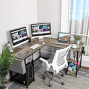 X-cosrack 88.5inch L-Shaped Computer Desk with Storage Shelves Drawer, Home Office Writing Corner Desk, 2 Person Long Desk PC Laptop Workstation with Hooks Storage Bag Cable Hole