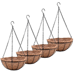 8 inch Metal Hanging Baskets For Plants Outdoor 4 Pack Round Metal Wire Hanging Basket Planter with Coco Fiber Liners Chain Round Wire Plant Holder for Garden, Patio, Deck, Porch Plants Flower Potss