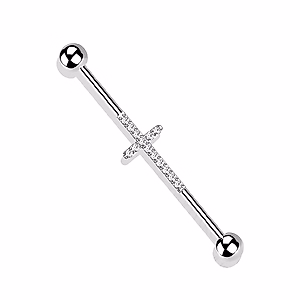 Pierced Owl 14GA CNC Set Lined CZ Cross F-136 Implant Grade Titanium Industrial Cartilage Barbell (Clear)