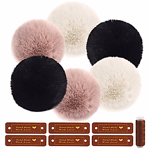 Faux Fur Pom Poms for Hats, 6Pcs Pom Pom Balls with Handmade Love PU Leather Tags DIY Fluffy Pompoms for Crafts Elastic Loop Sewing Thread 3 Colors for Keychains Scarves Gloves Knitting Supplies