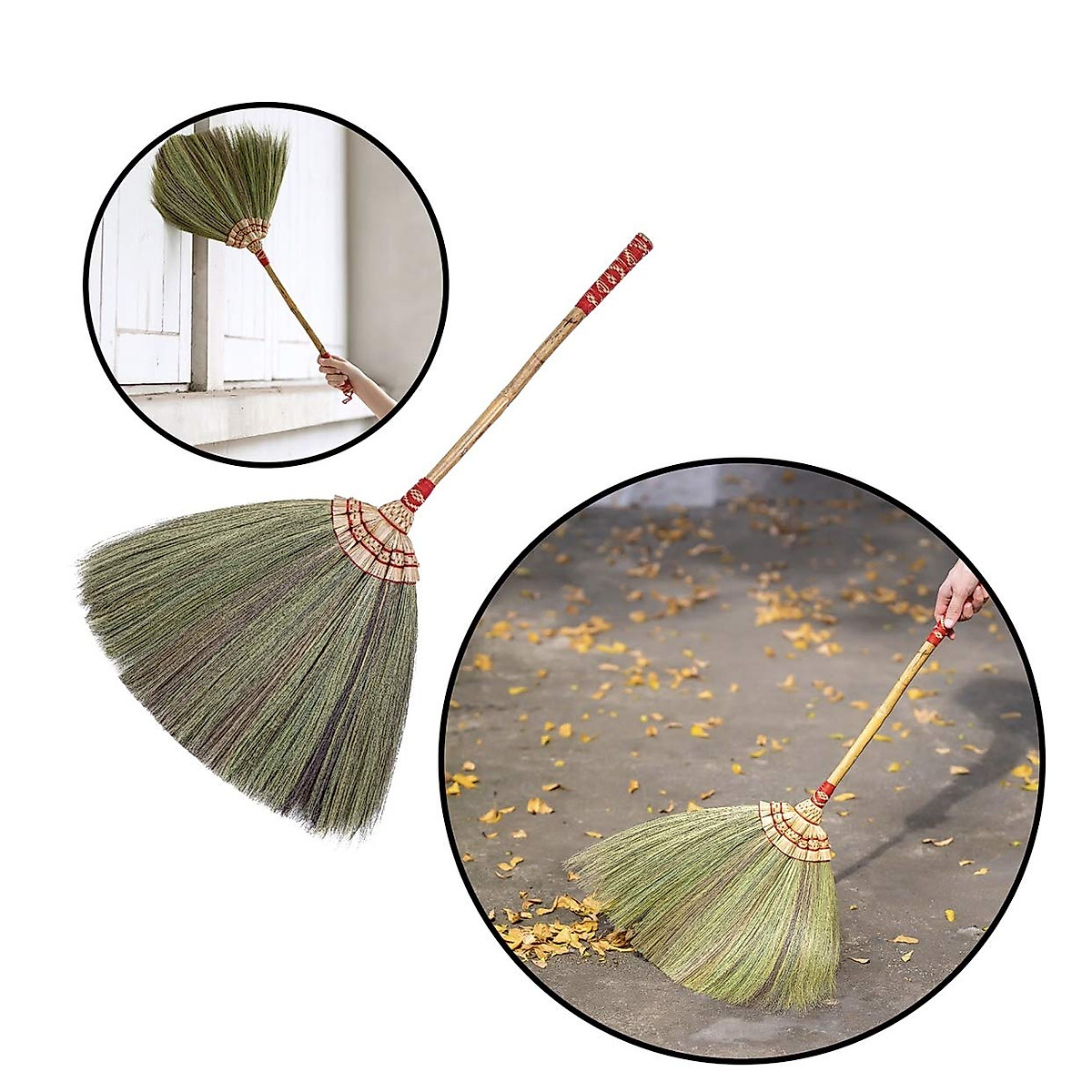 SN SKENNOVA - Asian Flower Grass Broom Witch Broom Bamboo Stick Handle Red or Green on Random