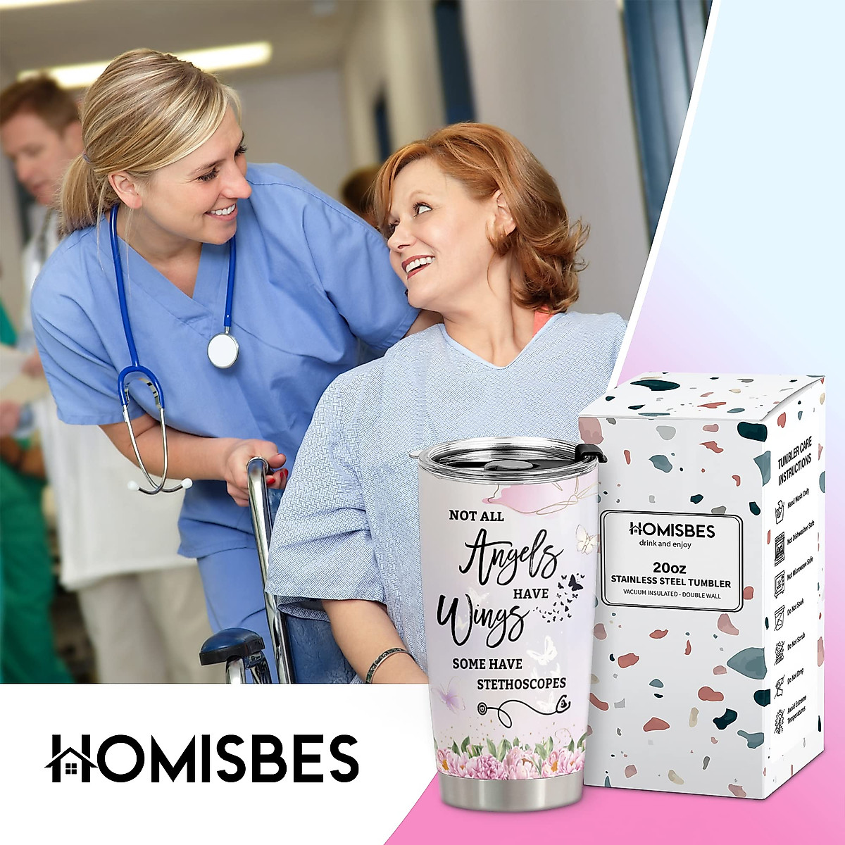 HOMISBES Nurse Tumbler For Women - Appreciation Nurse Gifts - Nurse Coffee Travel Mug Birthday Christmas Cups Nurse Week - Nursing School Graduation for Nurses Stainless Steel Tumbler 20oz