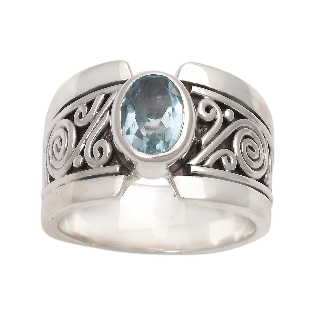 NOVICA Artisan Handmade Blue Topaz Single Stone Ring Artisan Crafted Sterling Silver Wide with Indonesia Serenity Birthstone [crownbezel 0.4 in L x 0.3 in W x 0.2 in H Band Width 7 mm W] ' Blue