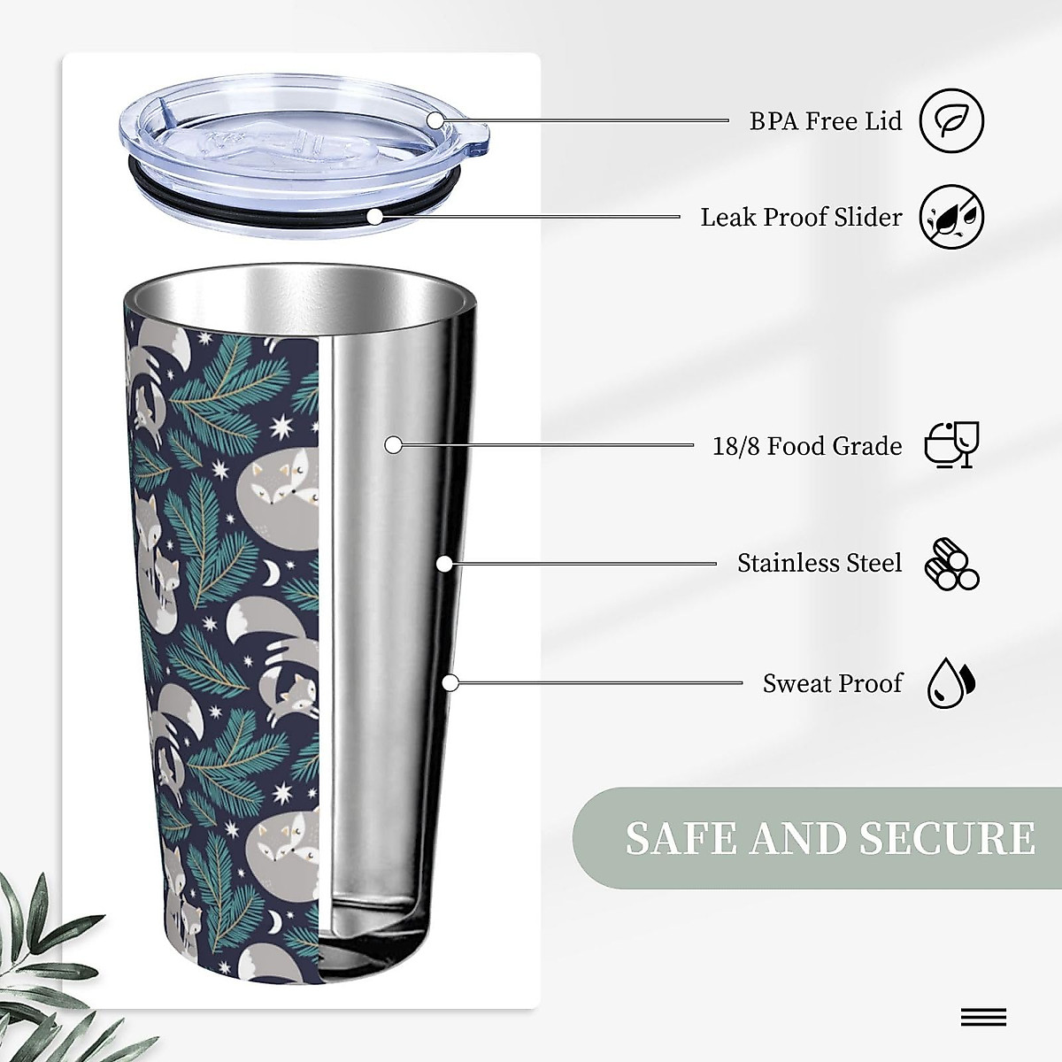 20 Oz Tumbler with Lid and Straw, Gray Fox Green Leaf Insulated Tumbler Stainless Steel Cups, Personalized Coffee Tumbler Travel Mug Water Bottle