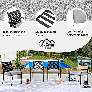 LOKATSE HOME 4 PCS Metal Outdoor Wrought Iron Patio Dining Armrest Chairs with Seat Cushion for Balcony, Garden, Backyard, Grey